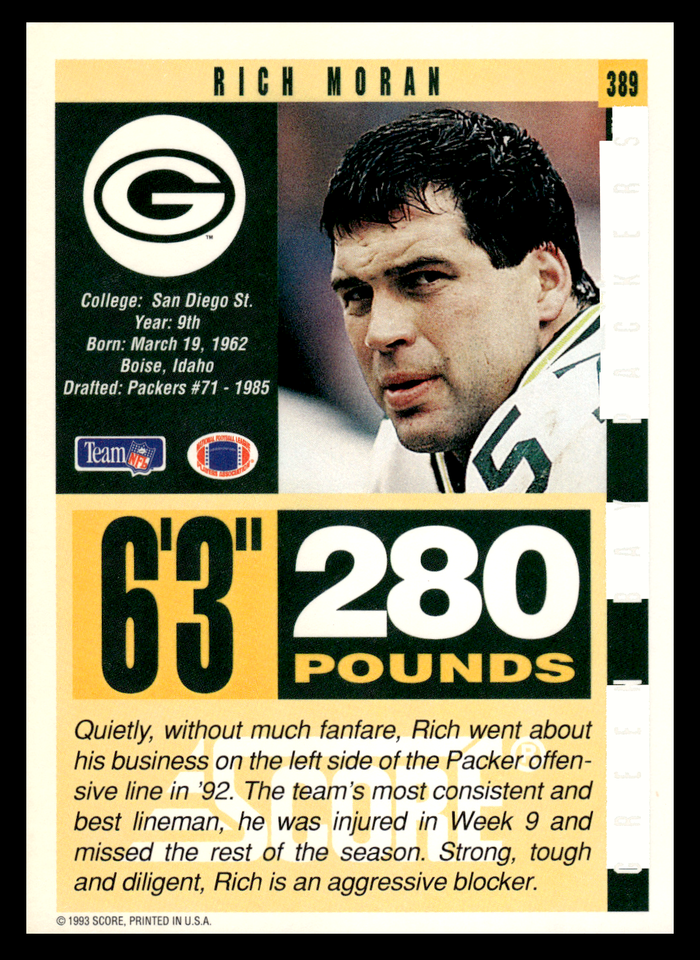 1993 Score Rich Moran #389 Green Bay Packers NFL Football Base Set | eBay