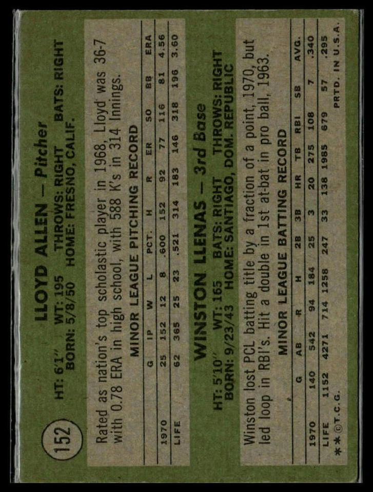 1971 Topps #152 Angels 1971 Rookie Stars (Lloyd Allen / Winston Llenas ...