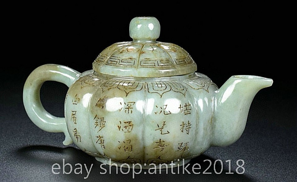 6" Old Chinese Natural Hetian Jade Carved Lotus Flower Tea Kettle Pot ...