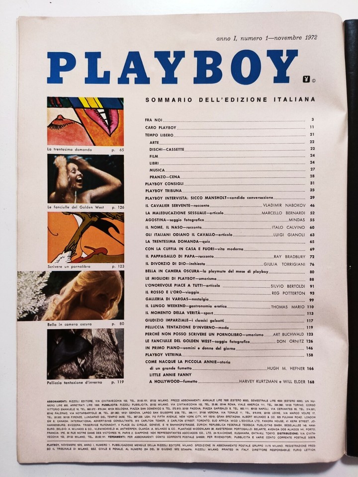 PLAYBOY ITALIA NUMBER ONE 1-1972 +PAGINONE VICKI - AGOSTINA BELLI ...