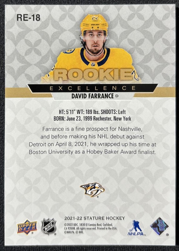2021-22 UD Stature David Farrance RE-18 Rookie Excellence RC | eBay