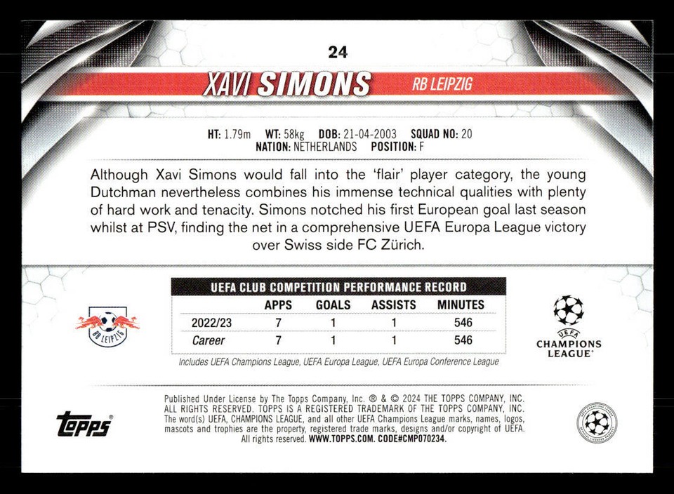 2023-24 Topps UEFA Club Competitions #24 Xavi Simons card | eBay