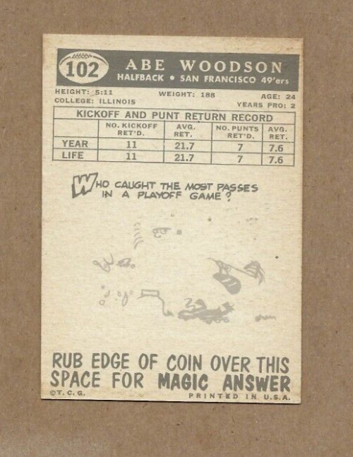 1959 Topps football card 102 Abe Woodson San Francisco 49ers U of ...