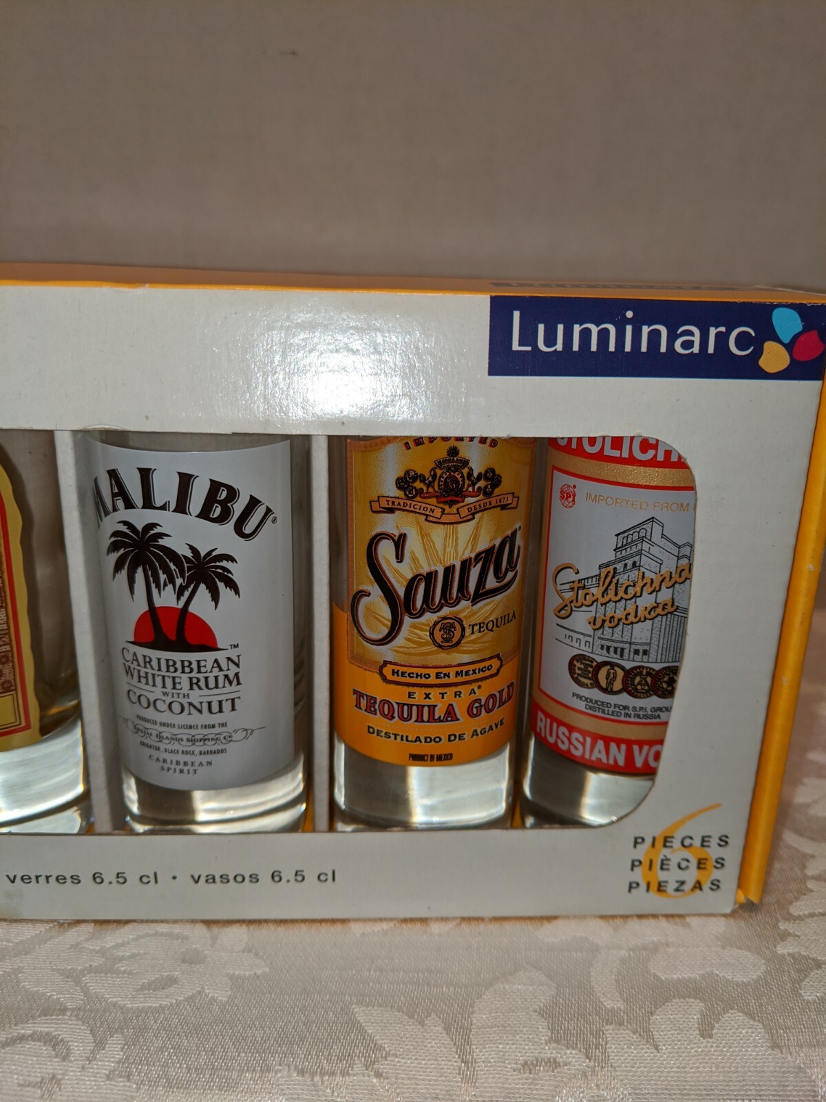 LUMINARC Boxed Set of 6 - 2oz Shooters Stoli Beefeater Kahlua Malibu ...