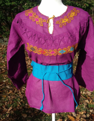 Maya Mexican Blouse w/Belt Faja Top Shirt Embroidered Geometric Chiapas ...