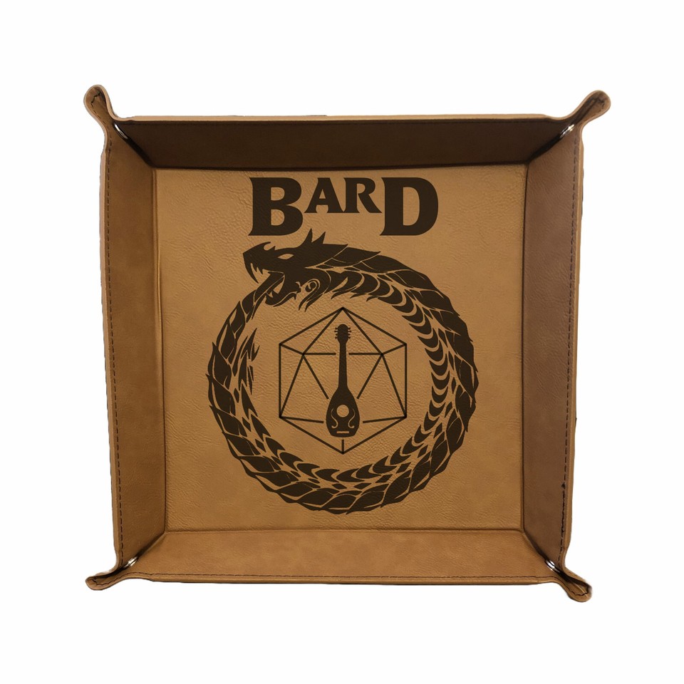 DND Dice Tray Bard Class Symbol Dragon Ring D20 Brown Leatherette Snap ...