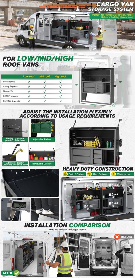 42"Wx46"Hx13"D Van Shelving W/ drawers for Ford Transit,ProMaster ...