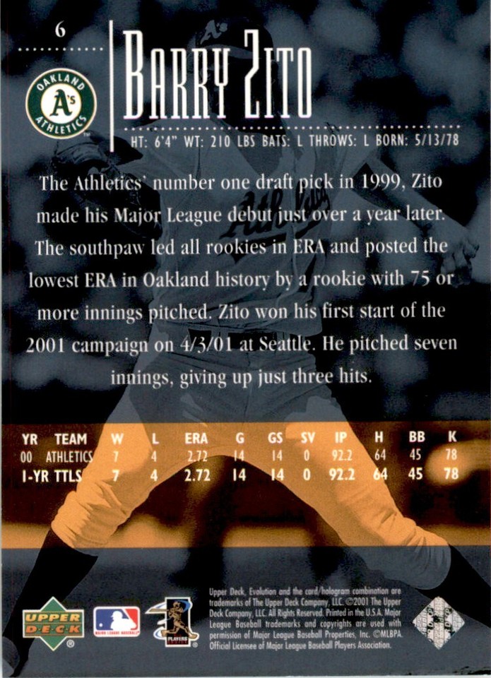2001 Upper Deck Evolution MLB Barry Zito . Oakland Athletics #6 | eBay