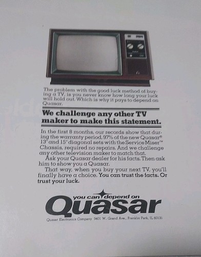 Quasar TV Print Ad 1970s OR GET ANY 3 ADS FOR $24! FLIPSIDE Dodge Aspen ...