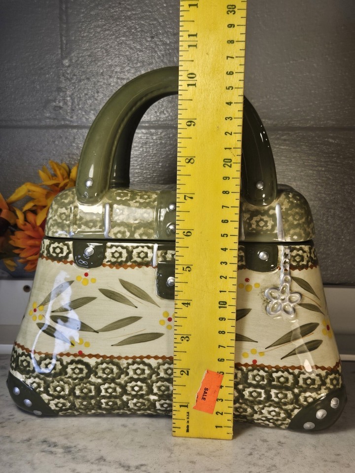 TempTations Old World Olive Green Purse shaped Jar with handle Lid Made ...