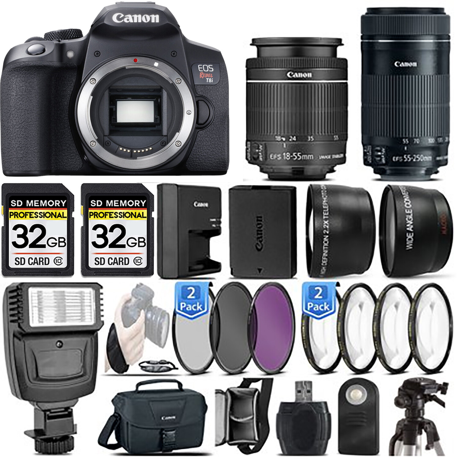 Canon EOS Rebel T8i DSLR Camera + 18-55mm STM + 55-250mm STM - 64GB Kit ...
