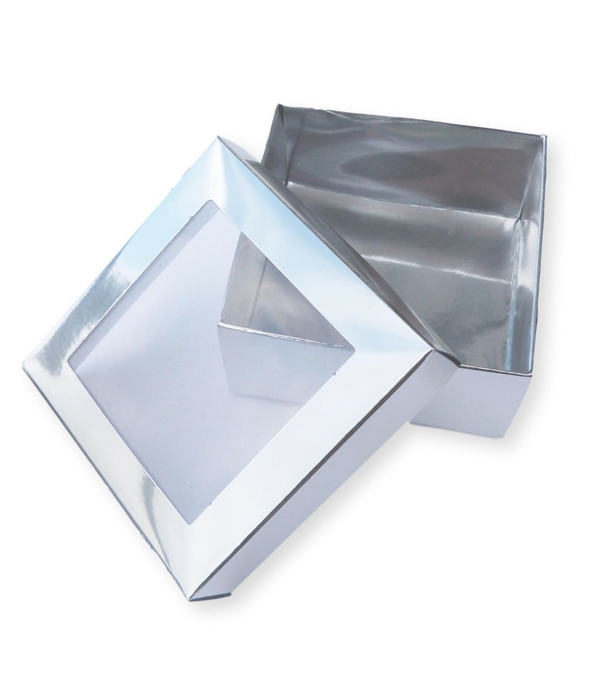 20 SILVER 3 x 3 INCH BOXES WITH WINDOW LID, GIFTS, CAKES, BROWNIES, 8CM ...