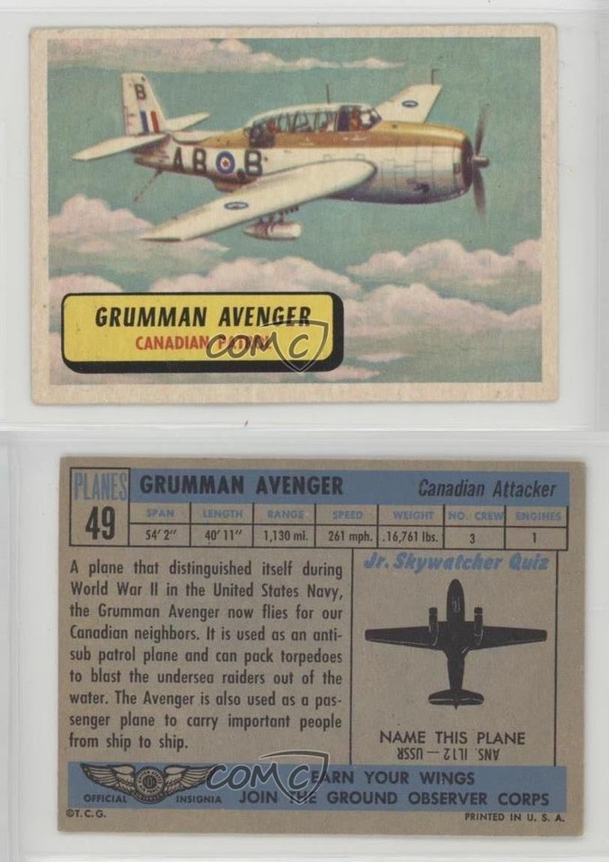 1957 Topps Planes of the World Blue Back Grumman Avenger #49 2o6 | eBay