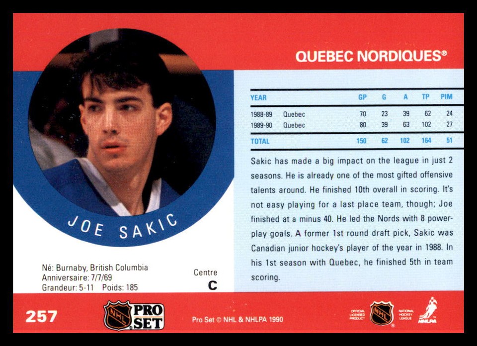 1990 NHL Pro Set #257 Joe Sakic | eBay