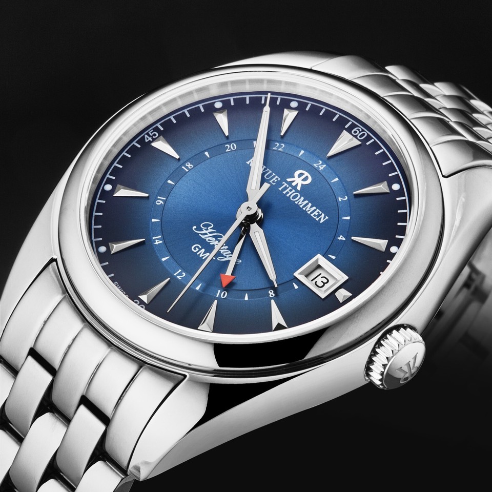 Revue Thommen Mens Heritage GMT Blue Dial SS Bracelet Swiss Automatic ...