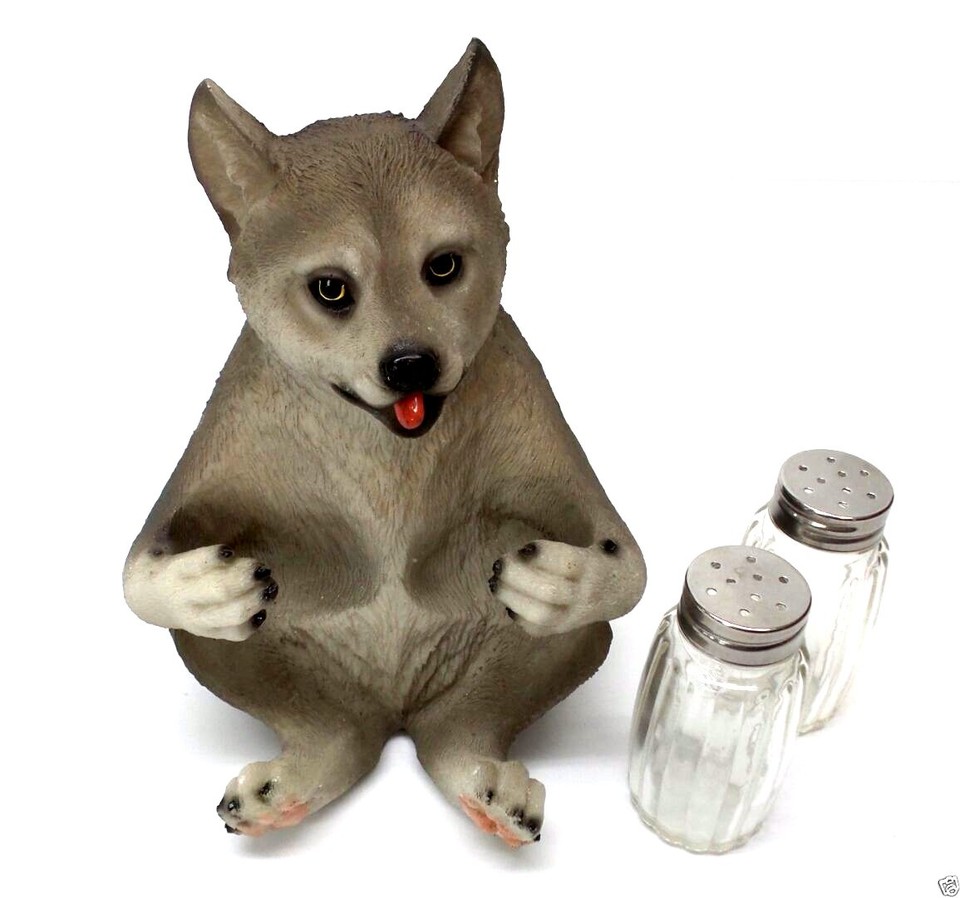 Wolf Salt and Pepper Shaker Holder Dog Figurine Kitchen Decor ...