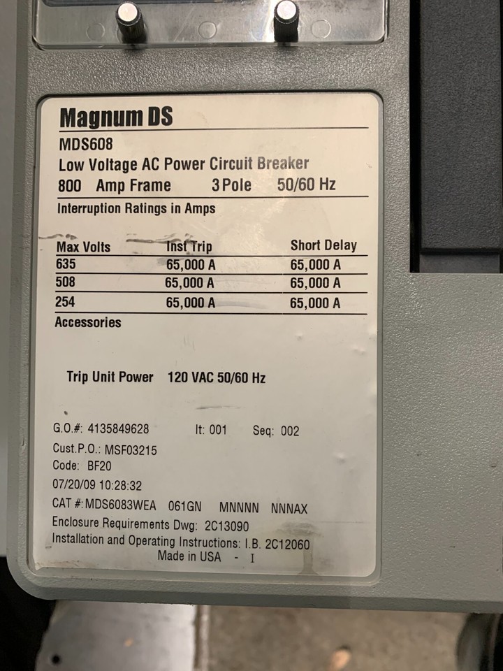 MDS608 Magnum DS Eaton Circuit Breaker MODO 600A Digitrip 1150+ LSIG ...