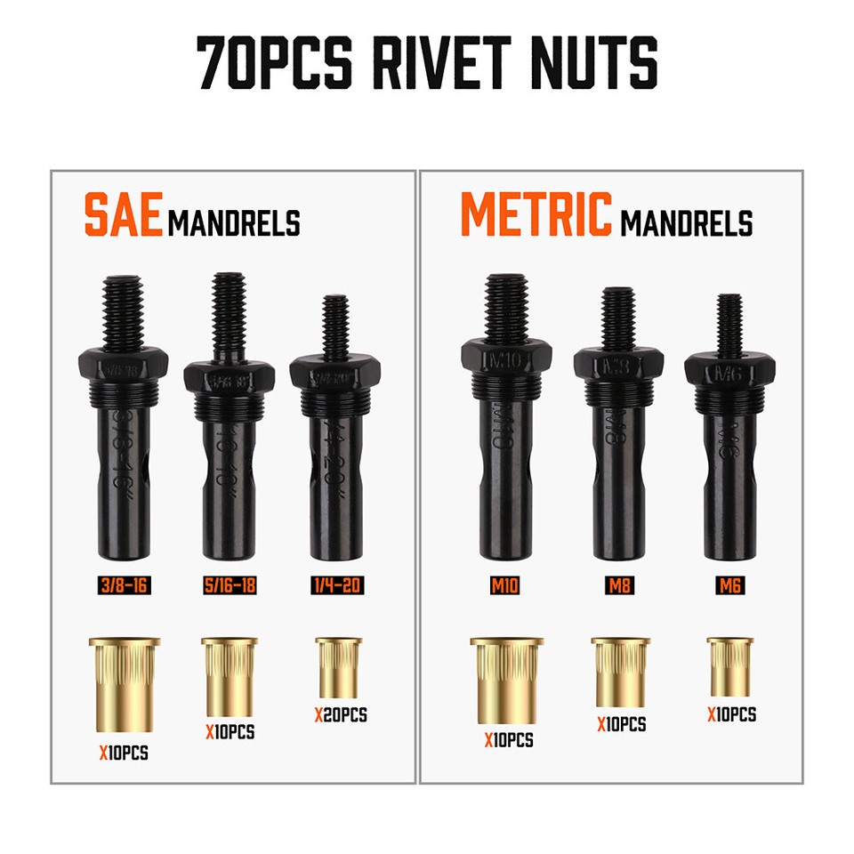 14'' Rivet Gun Kit Rivnut Thread Setting Tool Nut Setter NutSert Metric 70PCS | eBay