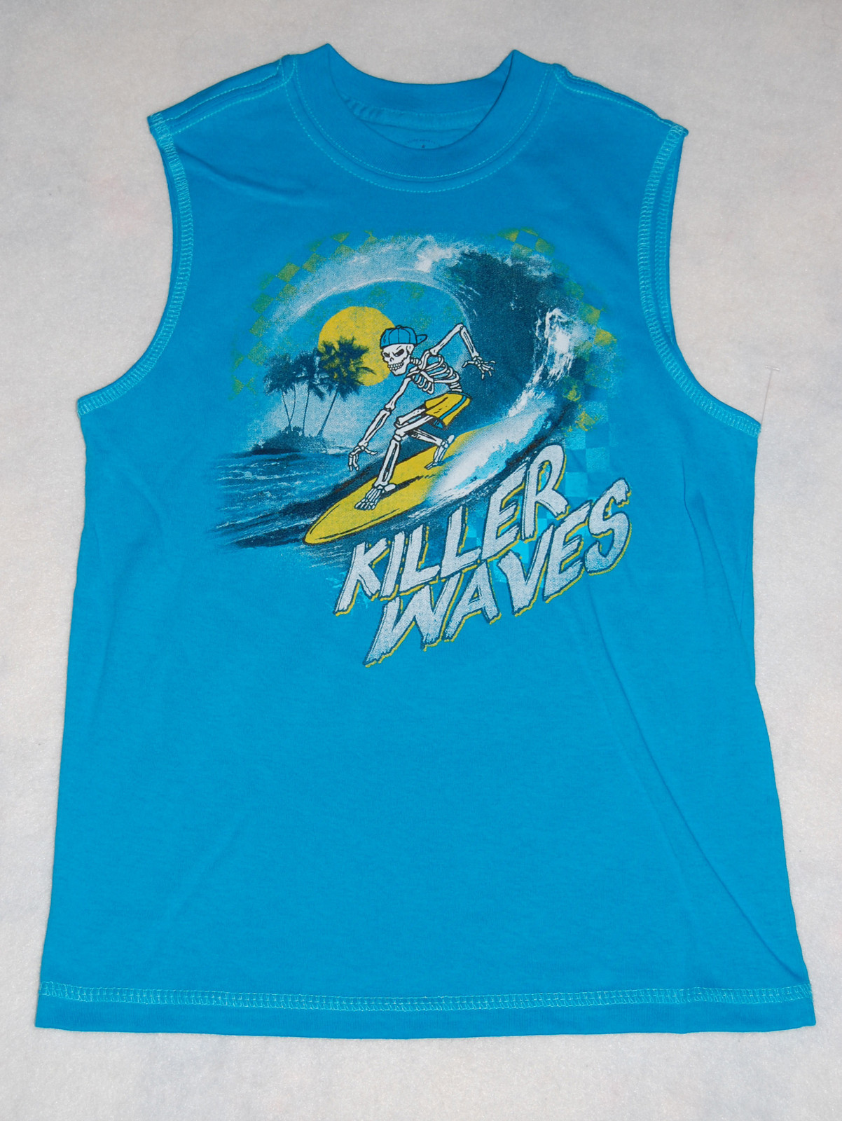 Boys Turquoise Muscle Tee SKELETON SURFING Killer Waves S 6-7 L 10-12 ...