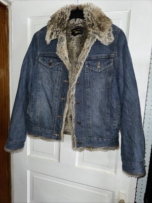 Fabio Denim Jacket Sz S Faux Fur Lined Mob Wife Jean Biker Fuzzy Retro ...