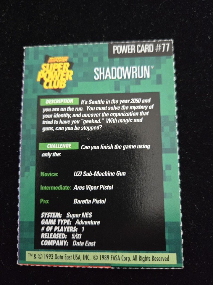 Nintendo Power Super Power Club Magazine Card 77 Shadowrun | eBay