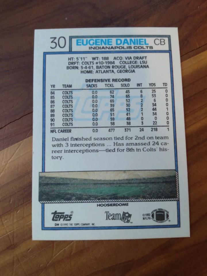 Eugene Daniel - Indianapolis Colts Cornerback - Topps NFL 1992 Card #30 ...