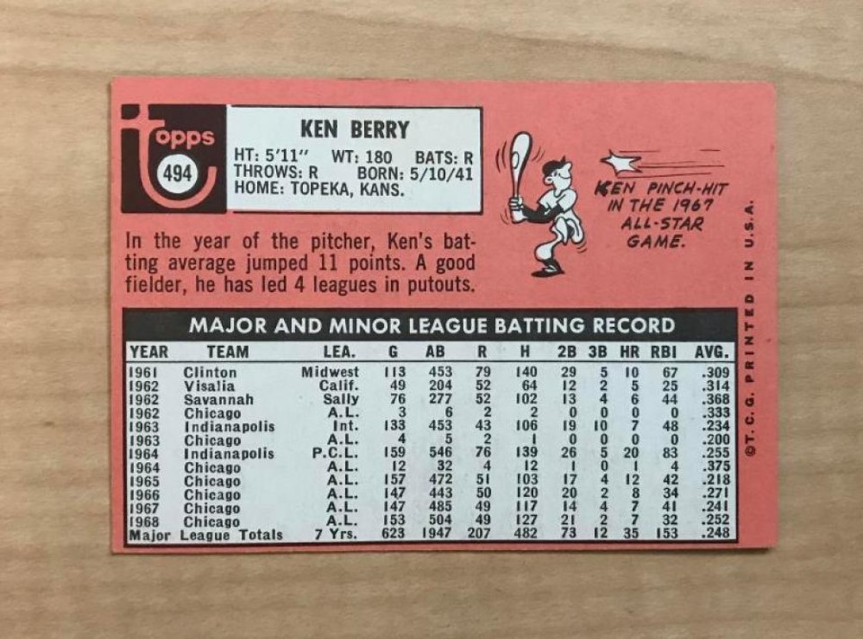 KEN BERRY CHICAGO WHITE SOX SIGNED VINTAGE 1969 TOPPS CARD #494 W/COA ...