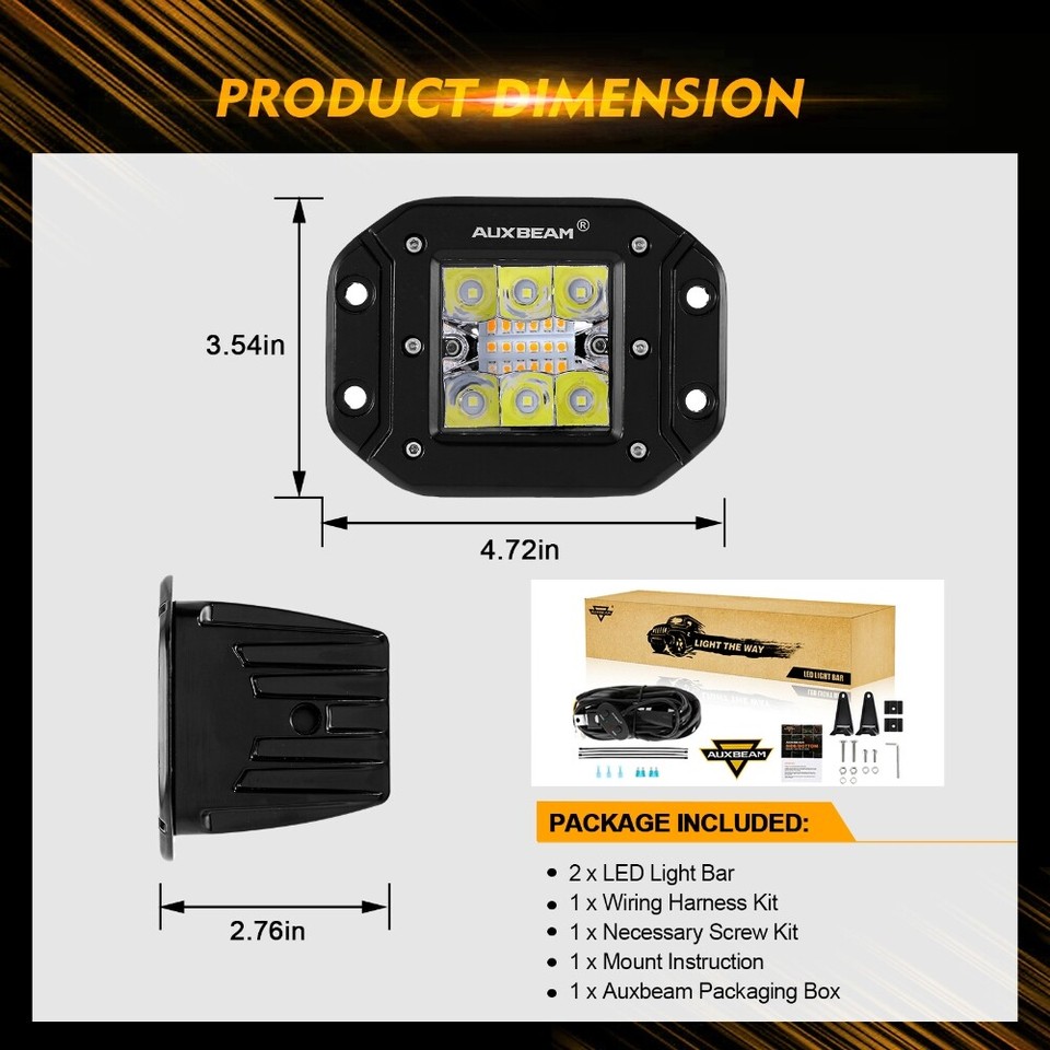 AUXBEAM 72W Led Light Pods Spot Flood White Amber Strobe 6 Modes Memory ...