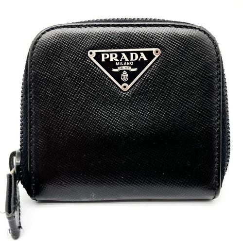 PRADA Coin Case Saffiano Leather Compact Mini Wallet Black Triangle ...
