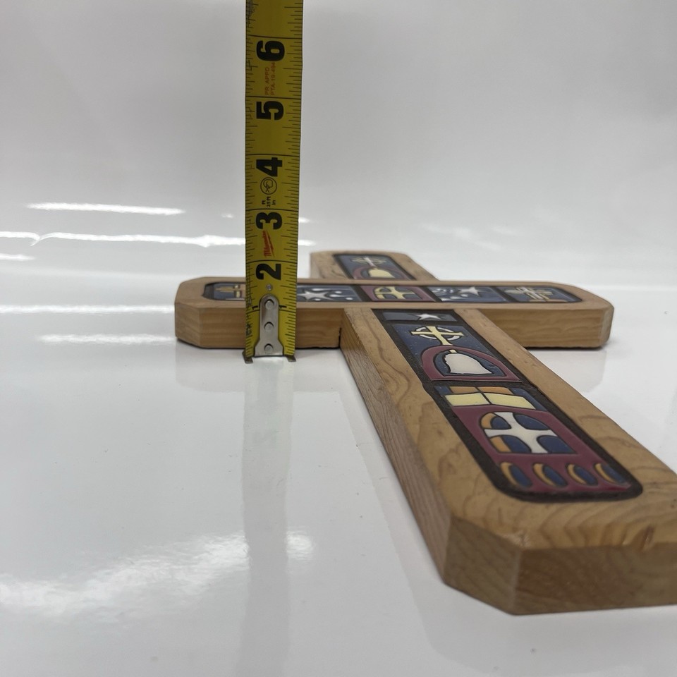 15x10” Handmade Wooden cross with Decorative tile inlays signed on back ...
