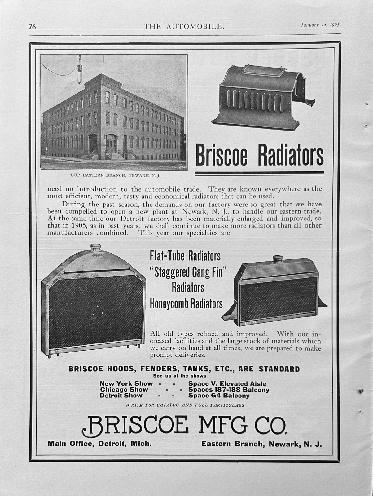 Briscoe Mfg Co Ad 1905 Auto Radiators Flat-Tube Honeycomb & Staggered ...