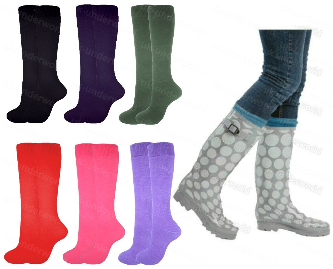 Ladies Wellington Socks Plain Thermal Long Welly Boot Liners Womens ...