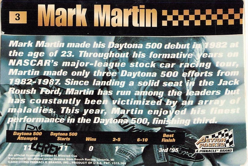 Mark Martin Action Packed Stars 1995 Nascar Card #3 | eBay