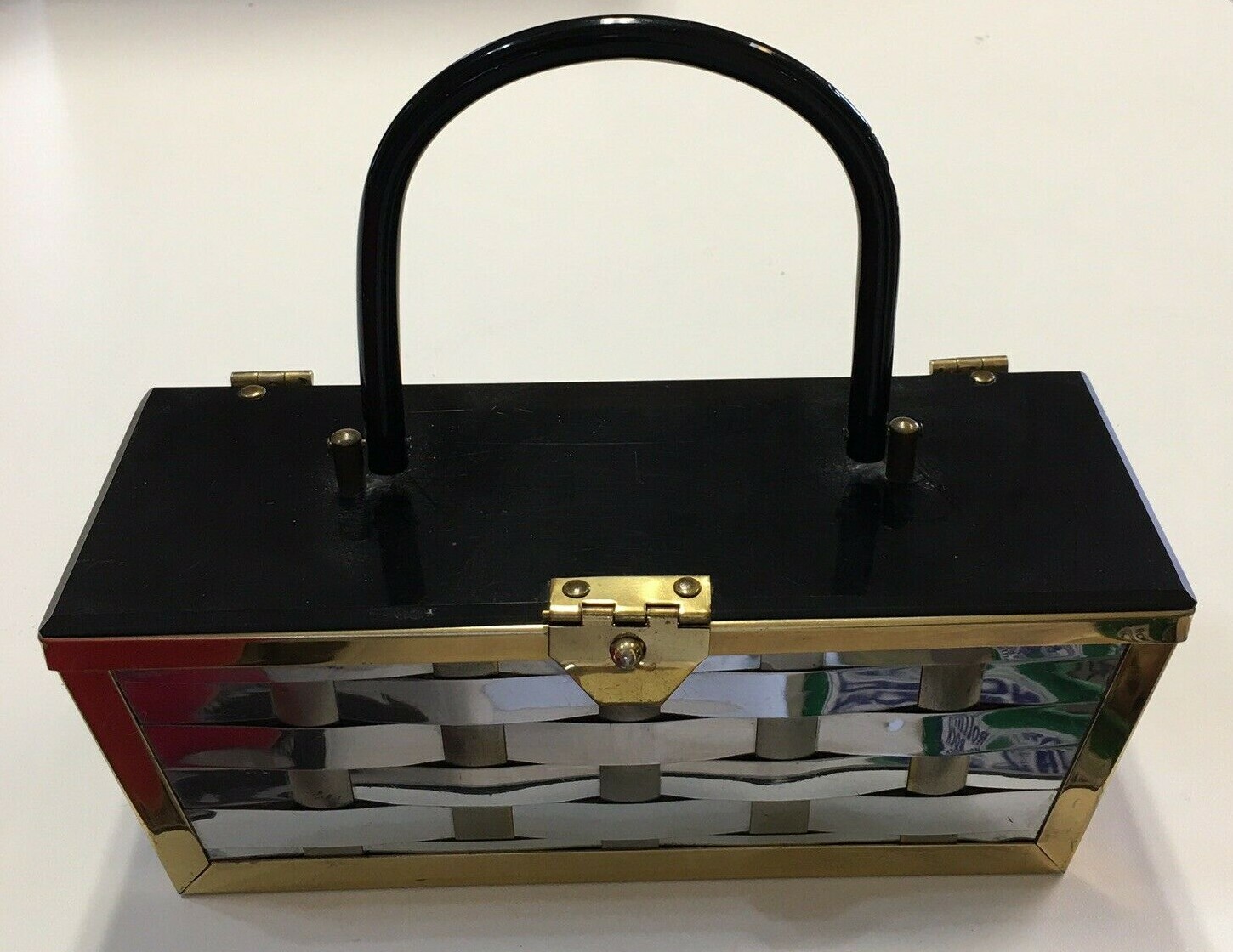 Etra Handbag Vintage Basket Evening Bag Purse Lucite Metal Frame Gold ...