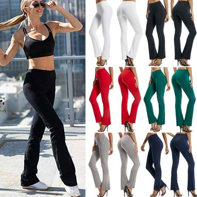 Womens Cotton Fold Over Waist Yoga Pant Flare Bootcut Gym Workout Long
