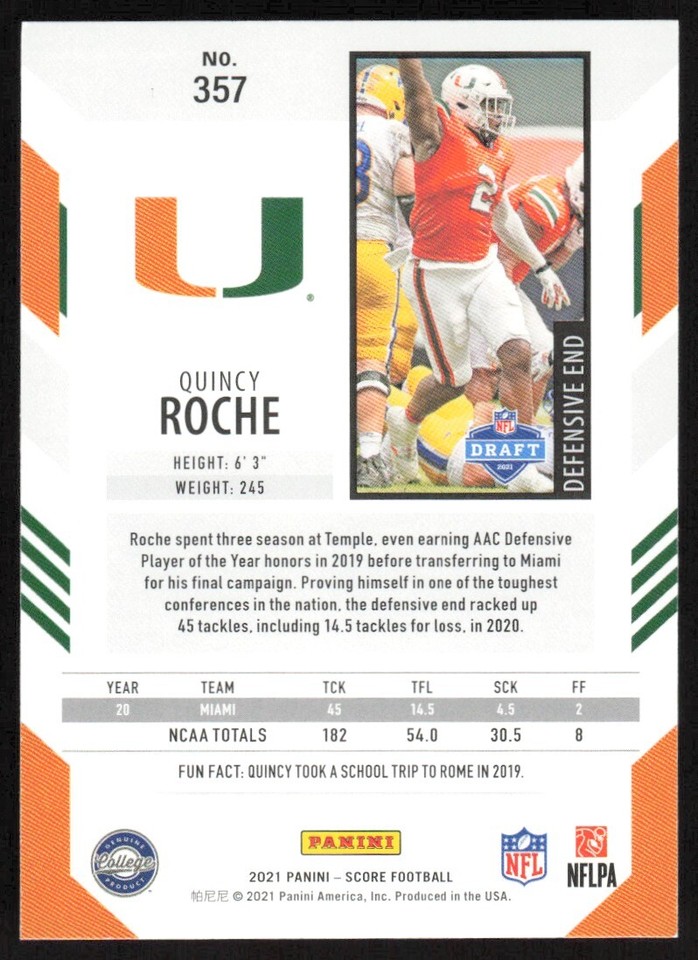 2021 Panini Score Football Quincy Roche RC #357 Miami Hurricanes | eBay