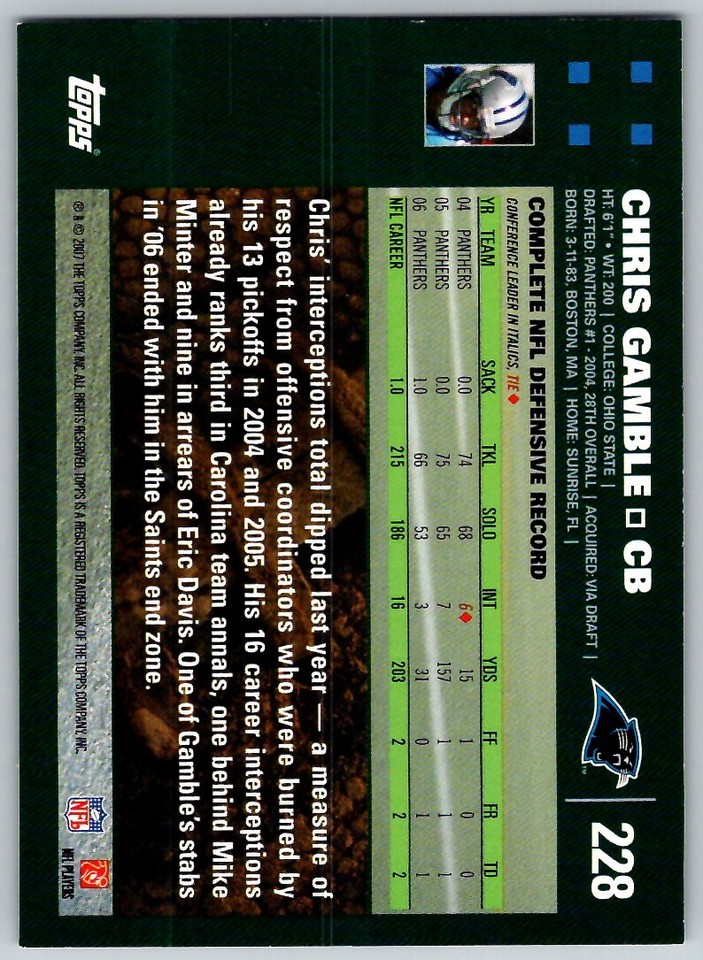 2007 TOPPS CHRIS GAMBLE CAROLINA PANTHERS #228 | eBay