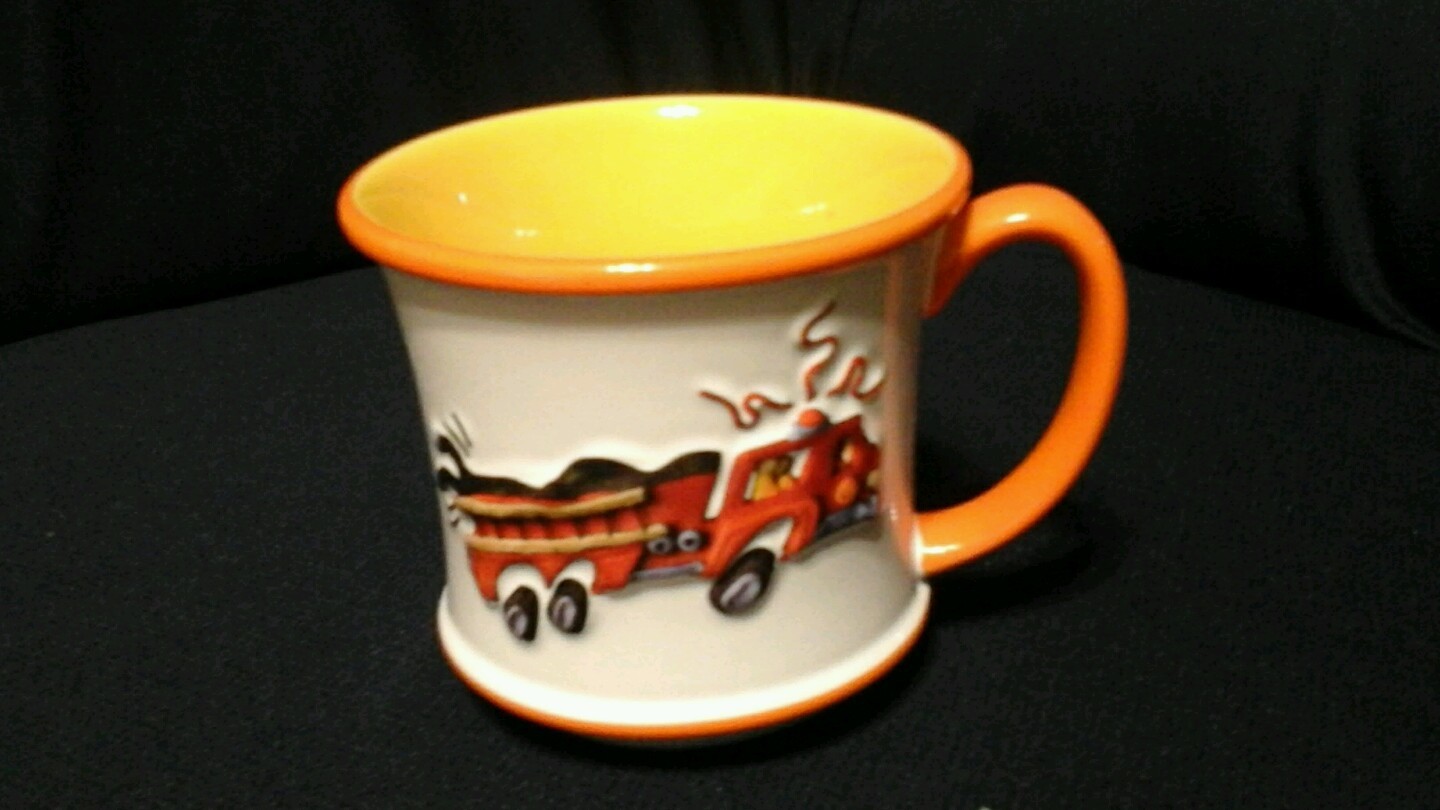Mug Firefighter Firetruck Fun Orange Yellow Ceramic Coffee 3 3/4" tall ...