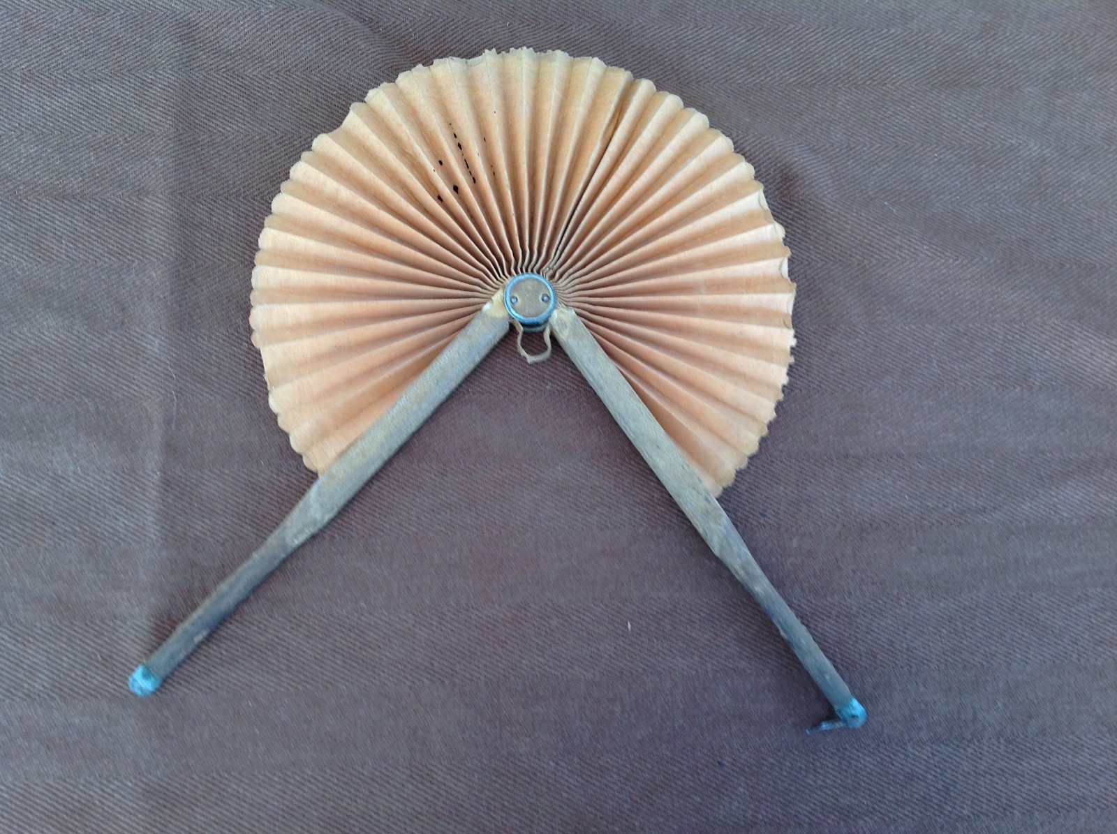 Antique Paper Hand Fan, Wood Handles - Gem