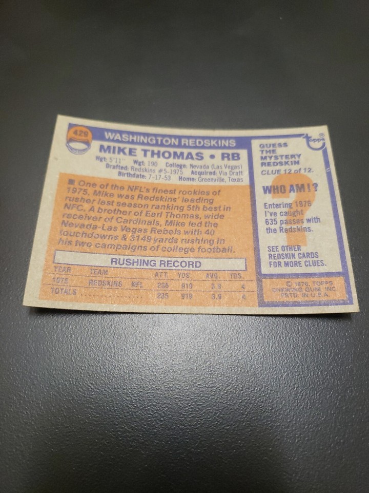 1976 Topps Mike Thomas Rookie Washington Redskins #429 | eBay