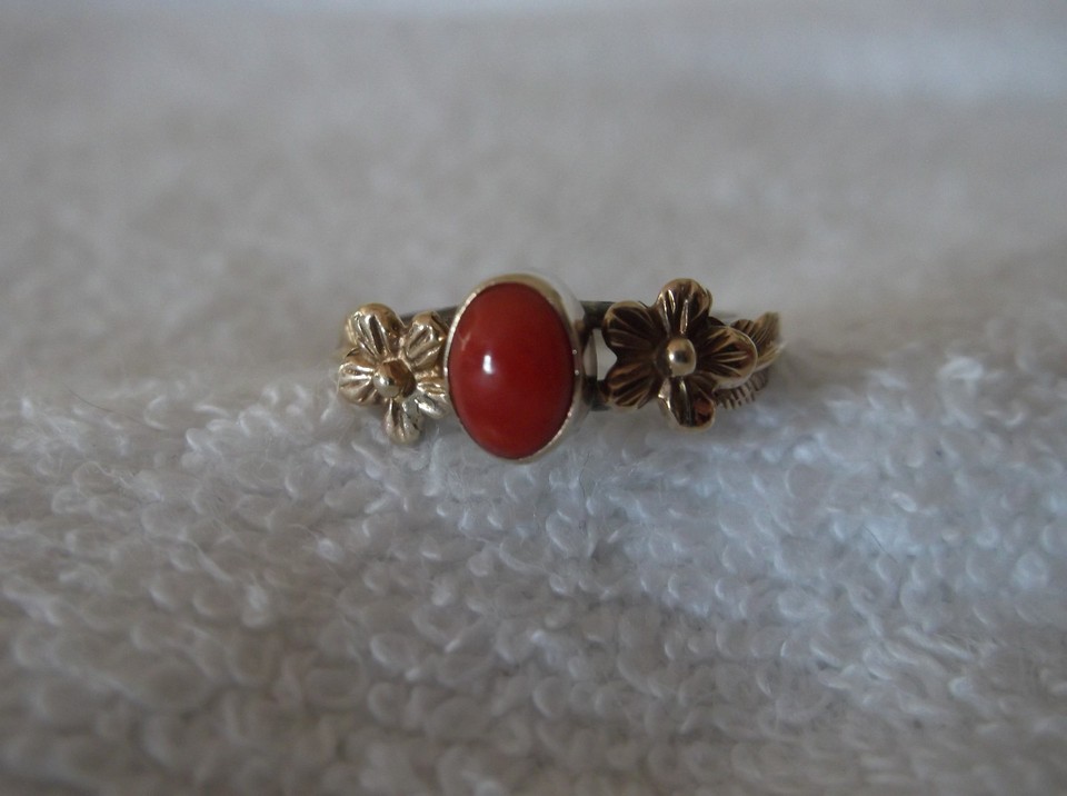 Beautiful Ox Blood CORAL Solid 14K Yellow Gold & Sterling Silver Band ...