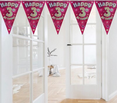 3rd Birthday Pink Themed Happy 3rd Birthday Bunting Flags Party ...