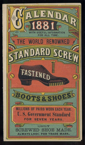 trade card, CALENDAR 1881, STANDARD SCREW BOOTS & SHOES, S6D-TC-2361 | eBay