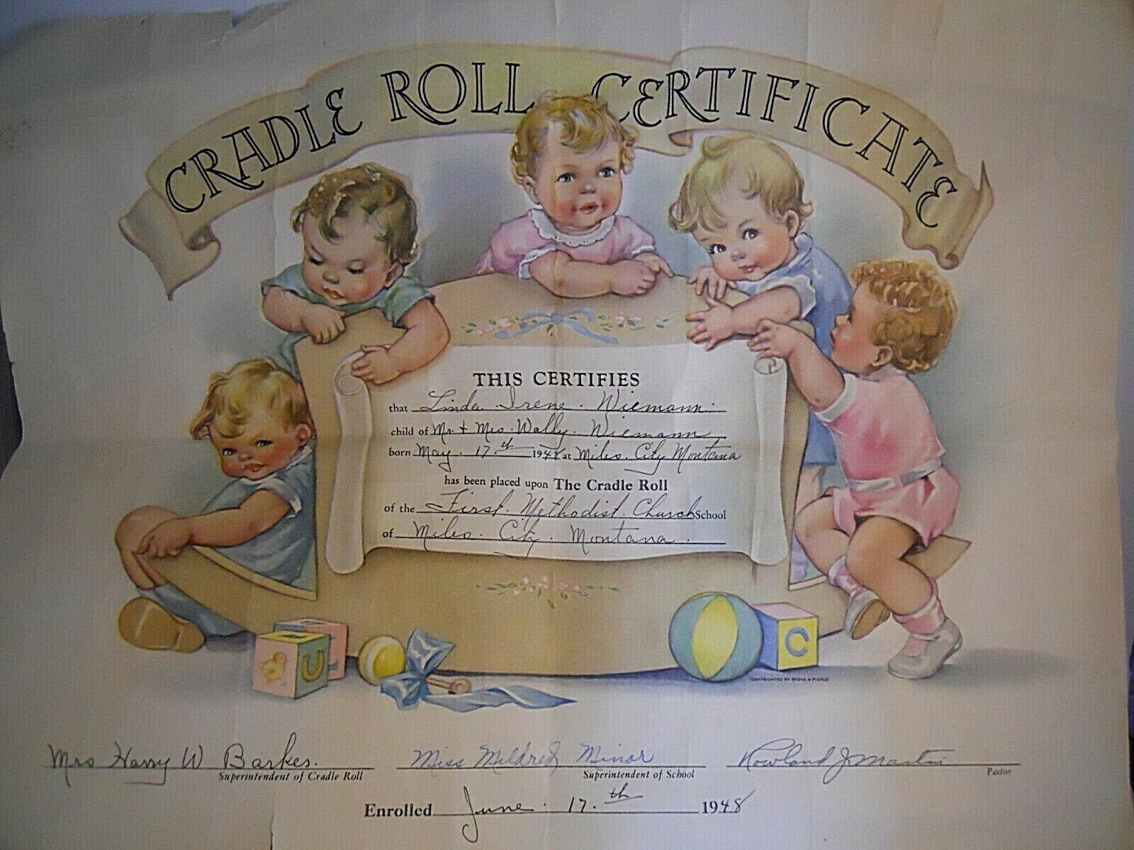 1948 Cradle Roll Certificate Baby First Methodist Church Miles City ...