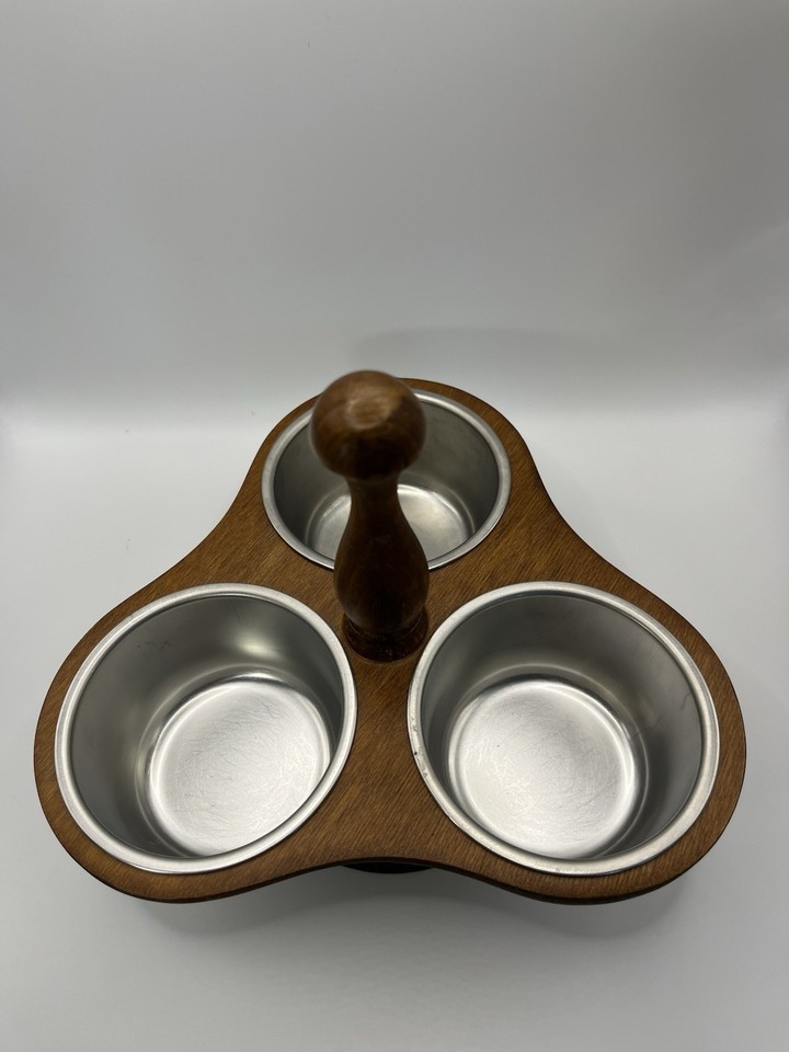MCM Wooden Condiment Holder with Three Removable Metal Bowls | eBay