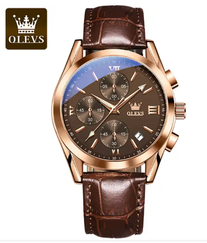 Olves Luxury Men's Watch, Beautiful leather band 2872, Rose gold w ...