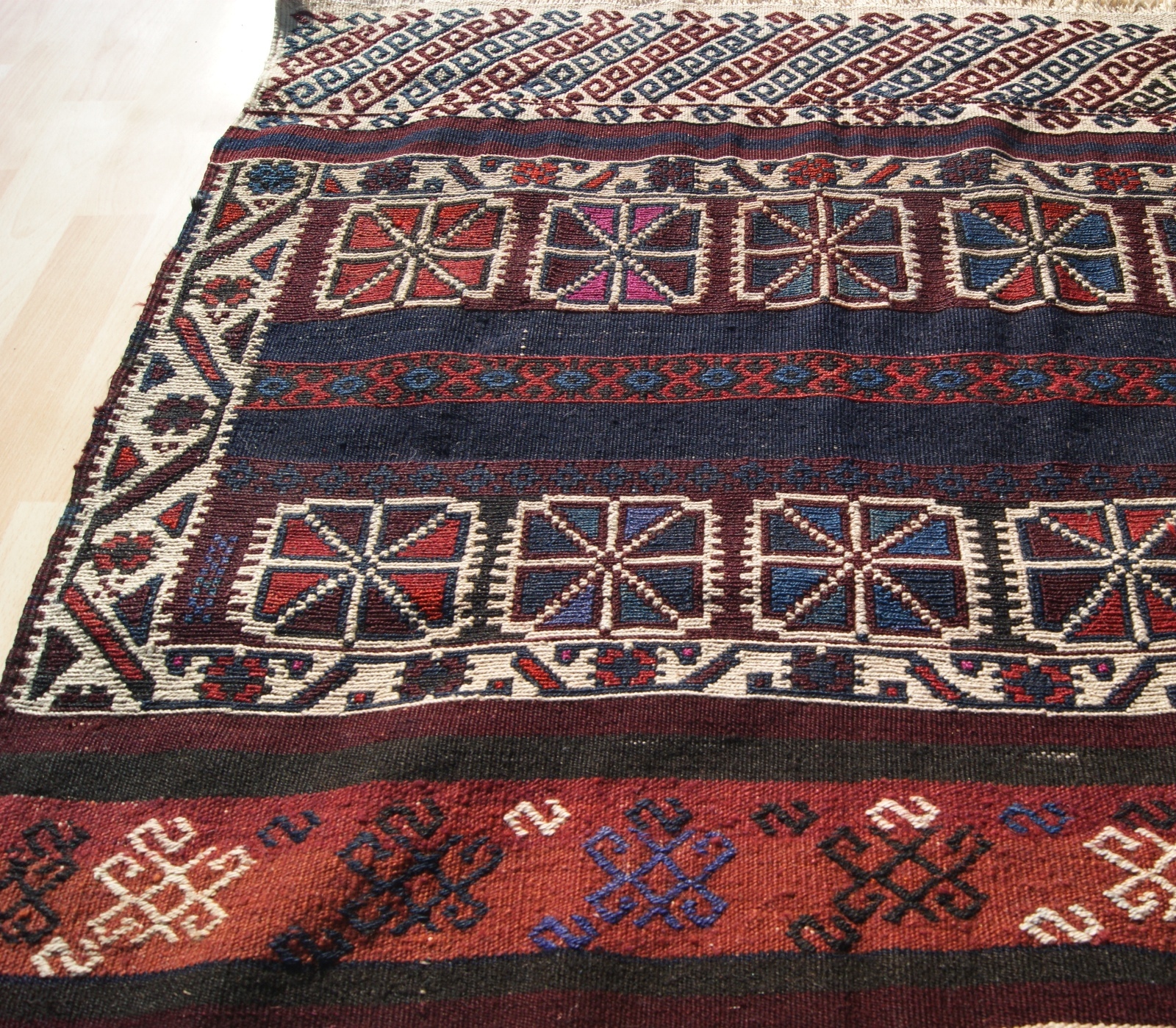 KURDISH EMBROIDERED KILIM RUG HANDWOVEN BLUE KELIM SQUARE WOOL AREA ...