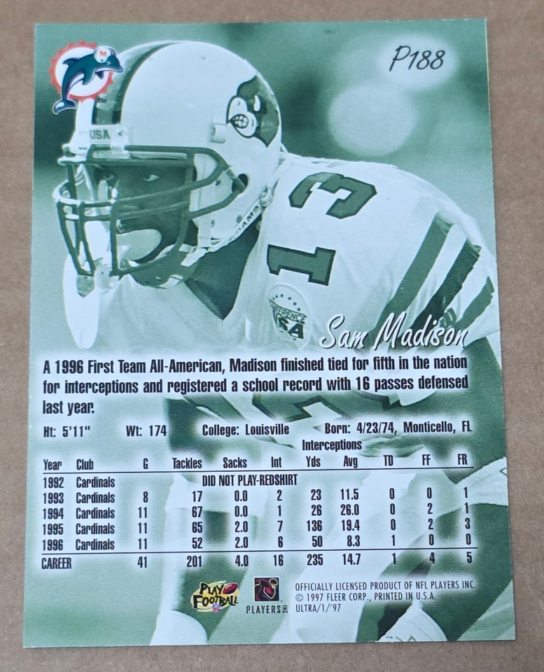 1997 Fleer Ultra #P188 Sam Madison Rookie Platinum Medallion - Dolphins ...