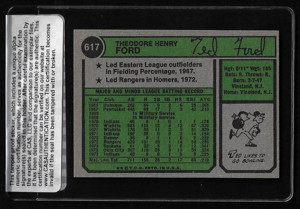 1974 Topps Ted Ford CAS Authentic Signed Card #617 AUTO Cleveland ...