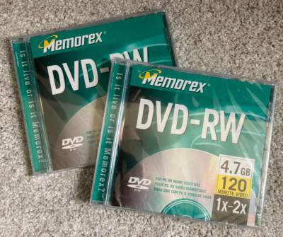 Lot of 2 Memorex DVD-RW Rewritable Discs 4.7 GB 120 Minutes 1x-2x New ...